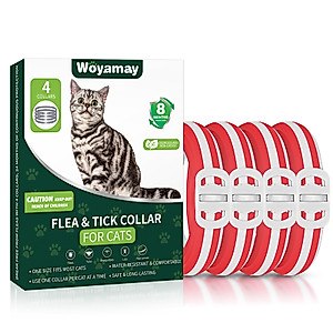 Woyamay 4 Pack Flea Collar for Cats, 32 Months Flea and Tick Prevention for Cats Collar, Flea and Tick Collars for Cats, Waterproof Cat Flea Collar, Adjustable Cat Flea and Tick Collar, Red & White