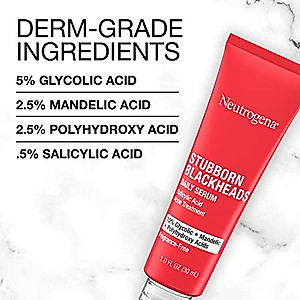 Neutrogena Stubborn Blackheads Daily Acne Facial Serum with Salicylic, Glycolic, Polyhydroxy & Mandelic Acids, Oil-Free Face Serum for Acne-Prone Skin to Help Clear Clogged Pores, 1 fl. oz