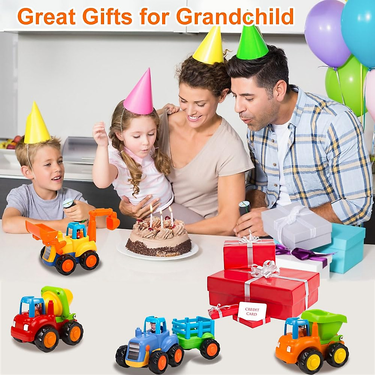 Yiosion Push and Go Friction Powered Cars Construction Vehicles Toy Set Tractor Bulldozer Mixer Truck Dumper for 1 2 3 Year Old Baby Toddlers Boys Gifts