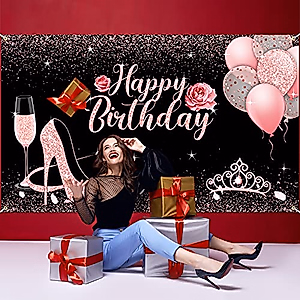 Happy Birthday Backdrop Fabric Glitter Rose Pink Birthday Background Banner Balloons Heels Wine Glass Photography Backdrop Birthday Party Decorations for Women Girls Birthday Supplies, 6 x 3.6 Feet