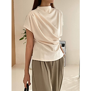 SweatyRocks Women's Casual Short Sleeve Mock Neck Tee Top Asymmetric Ruched Plain T Shirt Beige L