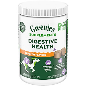 Greenies Supplements Digestive Health Probiotics for Dogs Chicken Flavor, 15.6 oz. Tub of 80 ct. Soft Chews Dog Probiotics