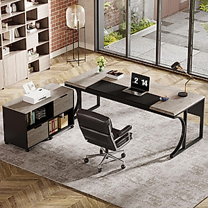 Tribesigns Large L Shaped Executive Desk and Mobile File Cabinet with Led Light Combo, 63 inch Computer Desk Office Desk Writing Desks Business Furniture Set for Home Office Workstation, Black Grey