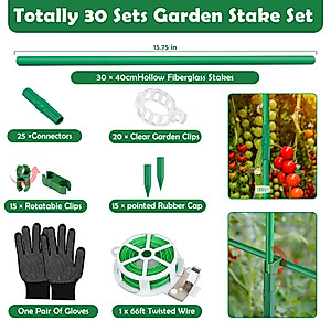 Cludoo 94PCS Garden Stakes Set with 30 Sets Fiberglass Plant Stakes Sticks Supports and Accessories, DIY 4ft 5ft 6ft 7ft Tomato Stakes for Tomato,Vegetables, Pepper, Fences Indoor Outdoor Plants