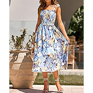 PRETTYGARDEN Women Summer Dresses 2023 Tie Strap Square Neck Smocked Ruffle Flowy Floral Print Boho Maxi Cocktail Dress(Floral White Blue,Large)