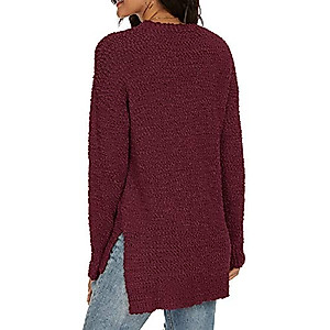 GRECERELLE Women’s Fuzzy Knitted Sweater Sherpa Fleece Side Slit Long Sleeve Loose Fit Jumper Outwears Pullover Sweater Blouse Wine Red-Mudium