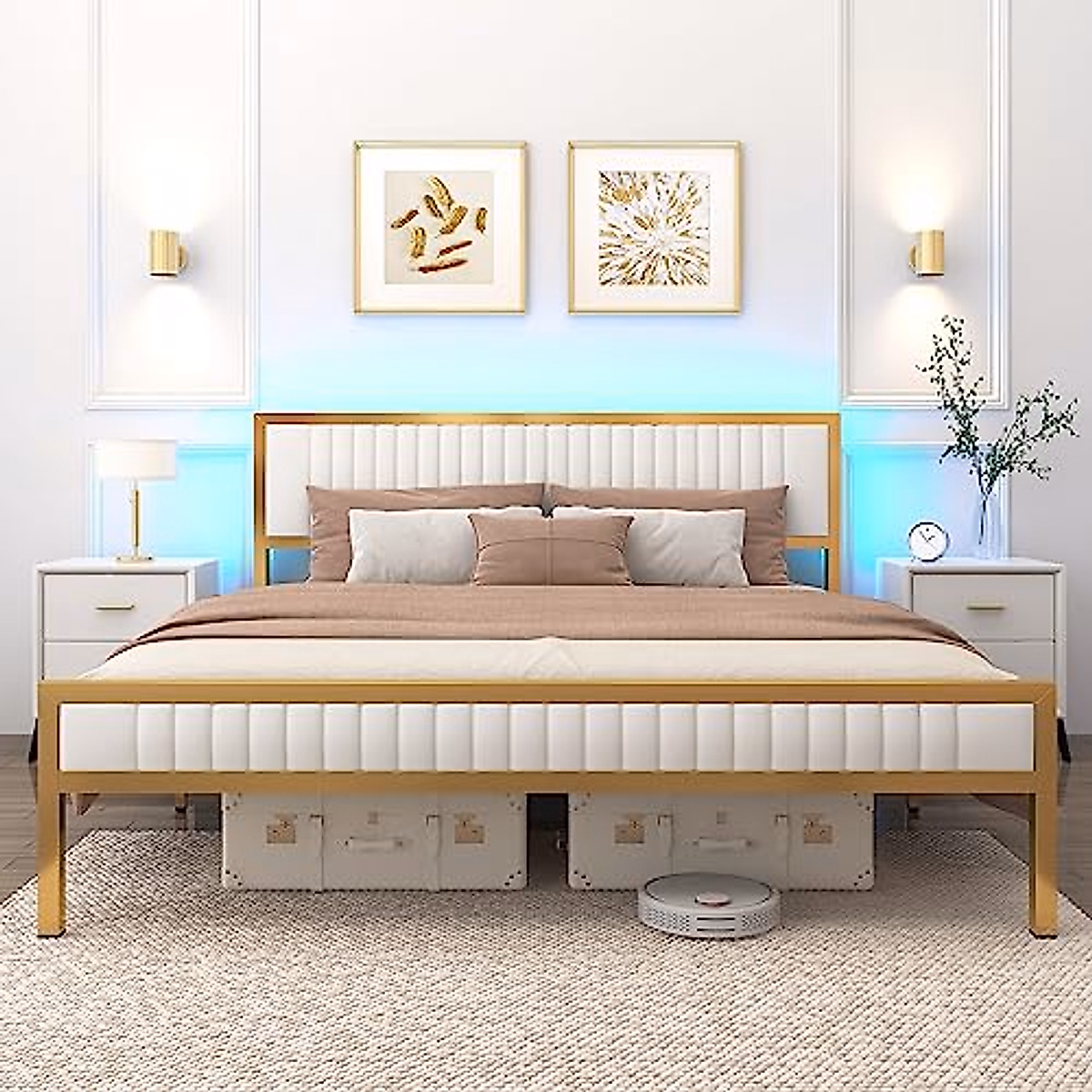 HOMFAMILIA King Size Bed Frame with Headboard, Upholstered White and Gold Platform Bed Frame w/LED Lights and Under-Bed Storage, No Box Spring Needed, Noise Free, Easy Assembly
