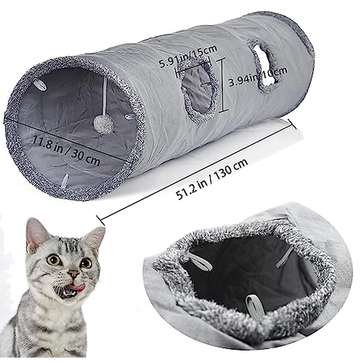 LeerKing Extra Long Cat Tunnel 51"(L) Dia 12" for Large Fat Cat Crinkle Tube connectable Indoor Outdoor Hideaway Toy for Rabbit Puppy, Grey