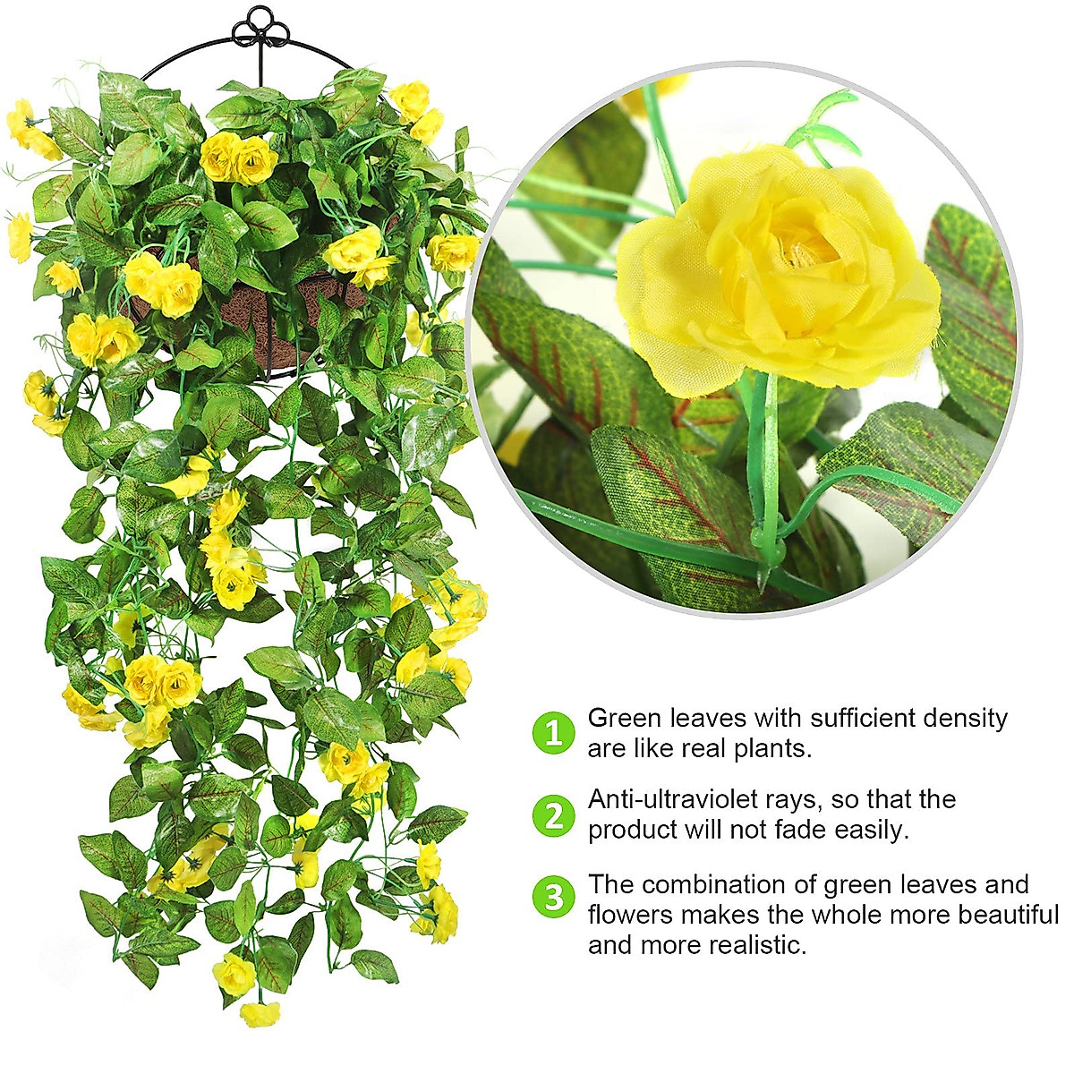 EuroBird Artificial Flowers Hanging Basket for Outdoor Indoor, Fake Silk Flowers, Handmade Metal Wall Mount Basket with Artificial Rose Flowers for Home, Patio, Garden, Lawn Decoration (Yellow)