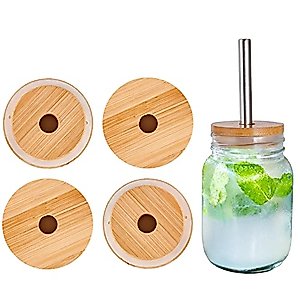 Airtight Bamboo Lids 4Pack, 70MM Mason Jar Lids with Straw Hole for Wide Regular Mouth Mason Jar (70 MM, 4Pcs) (70MM)