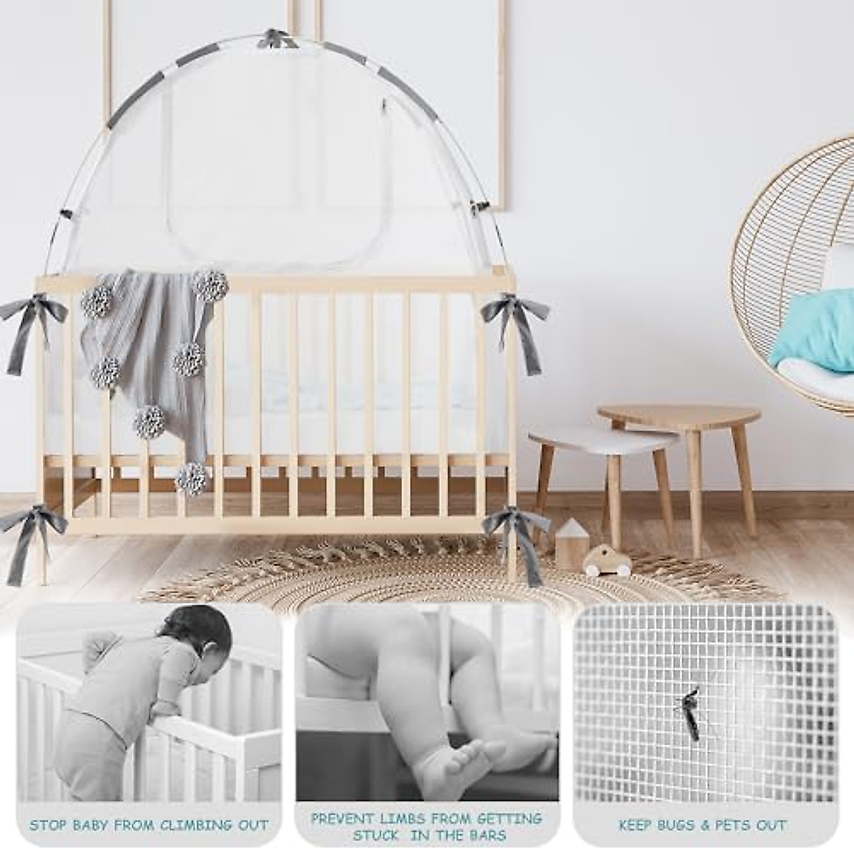 YOMECHEO Baby Crib Tent, Baby Safety Crib Tent to Keep Baby from Climbing Out and Falling, Crib Net to Keep Baby in，Baby Crib Cover Against Cats, Easy Set Up with Stable Rods Structure and Snaps