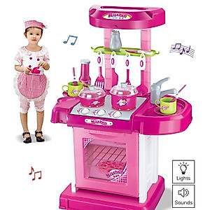 Vokodo Kitchen Playset 26” Height Toy Play Set Kitchens Cocina para Niñas w/Pots Oven Stove Sink Appliances Lights Sounds Pretend Play Toys for Kids Children Girls Toddlers Toddler Ages 2 3 4 5 6 7