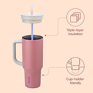 Owala Stainless Steel Triple Layer Insulated Travel Tumbler with Spill Resistant Lid, Straw, and Carry Handle, BPA Free, 40 oz, Dusty Pink (Yoga Rose)