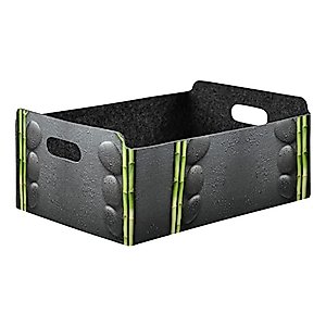 Poeticcity Black Zen Basalt Stones with Dew Green Bamboo on Dark Collapsible Felt Cloth Storage Box, Rectangular Desk Organizer Basket Bin, Detachable Laundry Hamper Plate Counter Holder Box