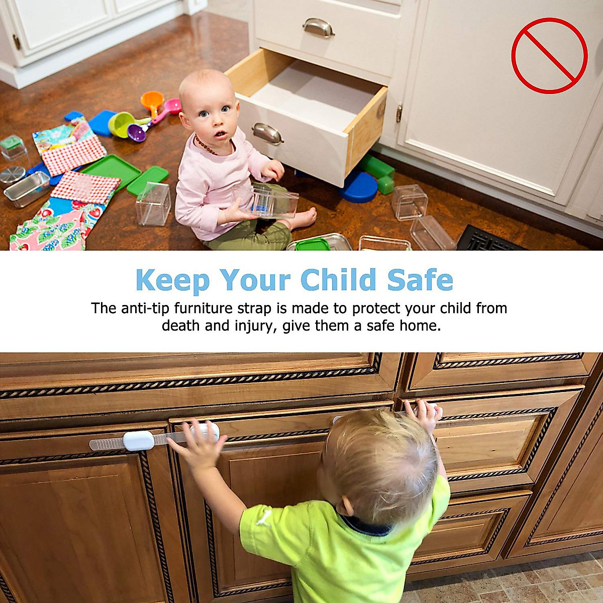 Child Safety Locks(6 Pack), Tinabless No Tools or Drilling -Adjustable Size/Flexible -Adhesive Furniture Latches for Baby Proofing Cabinets, Drawers, Appliances, Toilet Seat, Fridge, Oven & More