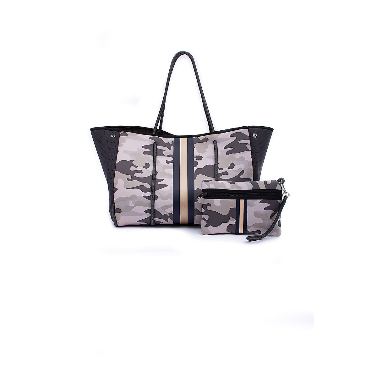 Greyson Safari Tote by Haute Shore, Green Camo W/Black & Gold Stripe, One size