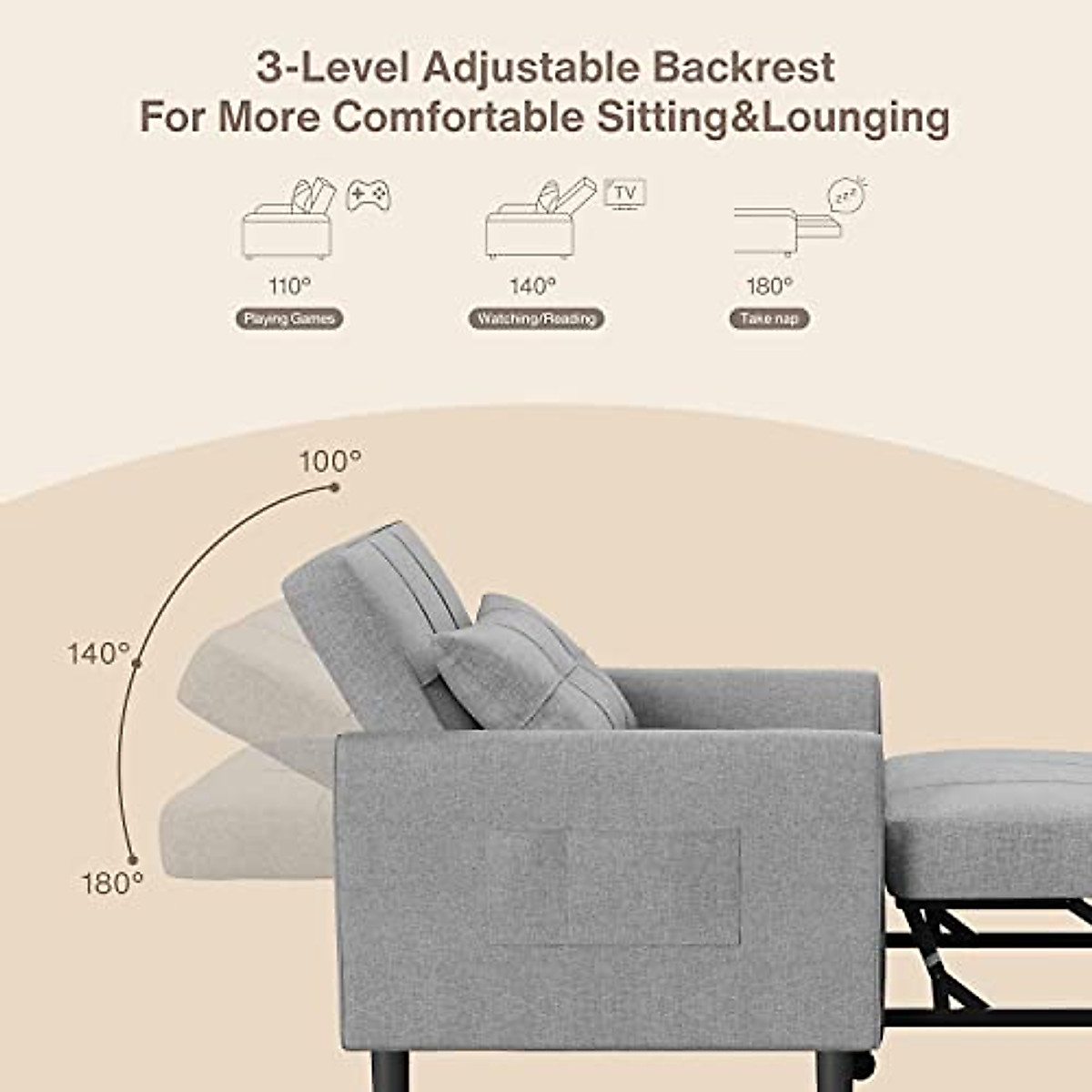 Noelse Convertible Sofa Chair Bed, 3-in-1 Multi-Functional Sleeper Chair Bed, Adjustable Backrest Recliner with Modern Linen Fabric for Living Room Bedroom Apartment Small Space, Gray