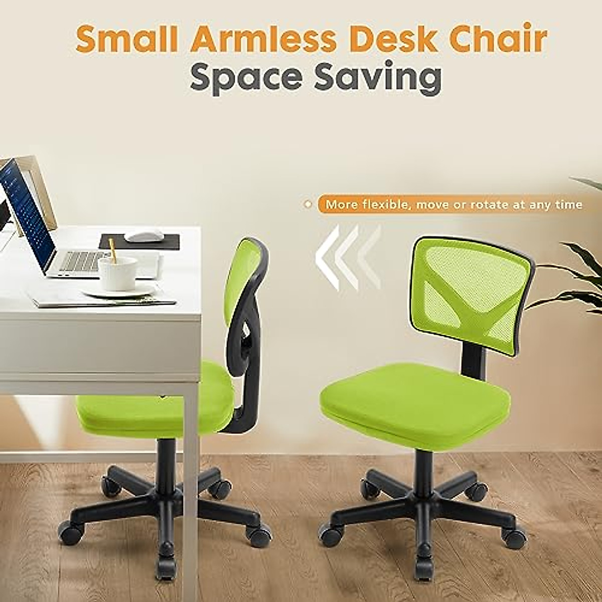 Sweetcrispy Office Computer Desk Chair, Ergonomic Low-Back Mesh Rolling Work Swivel Chairs with Wheels, Armless Comfortable Seat Lumbar Support for Home, Bedroom, Study, Student, Adults, Green