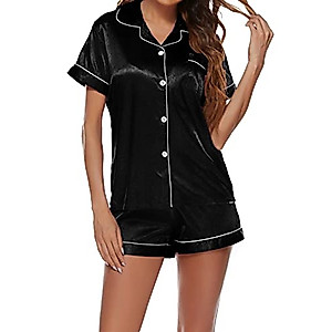 Mannice Women's Silk Satin Pajama Set Summer Short Sleeve Sleepwear Button Down PJs Black