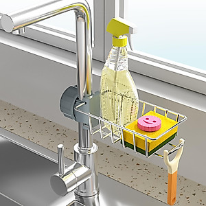 Aexbxoa Kitchen Sink Faucet Organizer, Sponge Holder for Kitchen Sink, Adjustable Detachable Stainless Steel Faucet Rack for Bathroom, Scrubbers, Soap