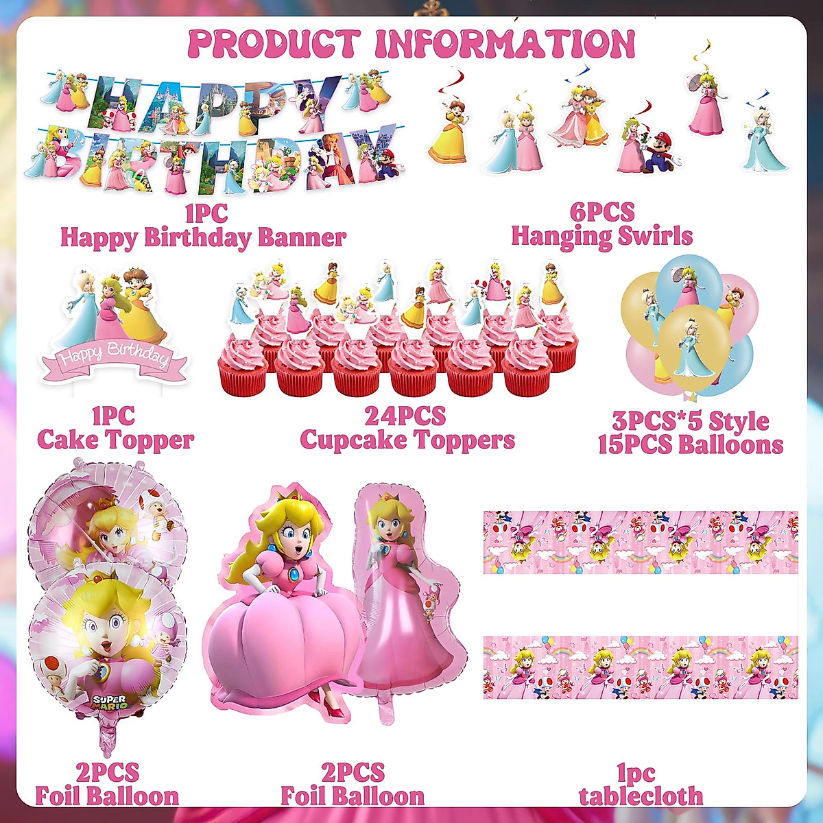 Princess Peach Birthday Party Supplies, Princess Peach Party Decorations, Princess Peach Party Favors Include Banners, Hanging Swirls, Balloons, Cake Decoration, Cupcake Toppers, Tablecloth
