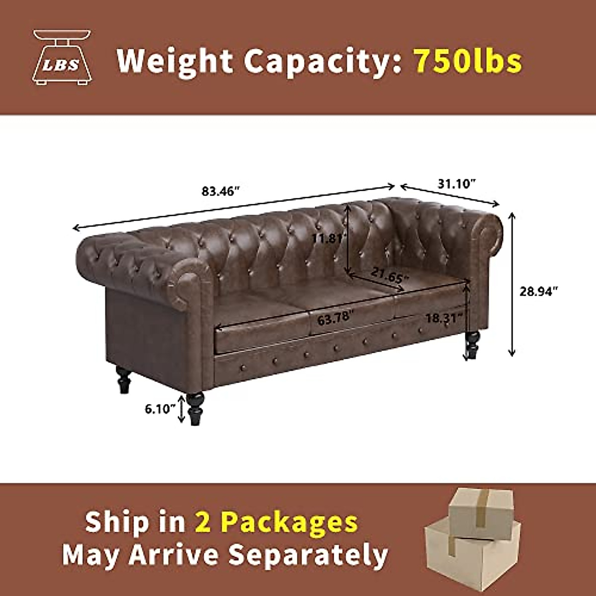 MGH 84'' PU Faux Leather Chesterfield Sofa, Mid-Century 3 Seats Top Grain Living Room Couch, Deep Button Tufted Modern Sofas Couches with Rolled Arm Settee for Bedroom, Brown (110PU)