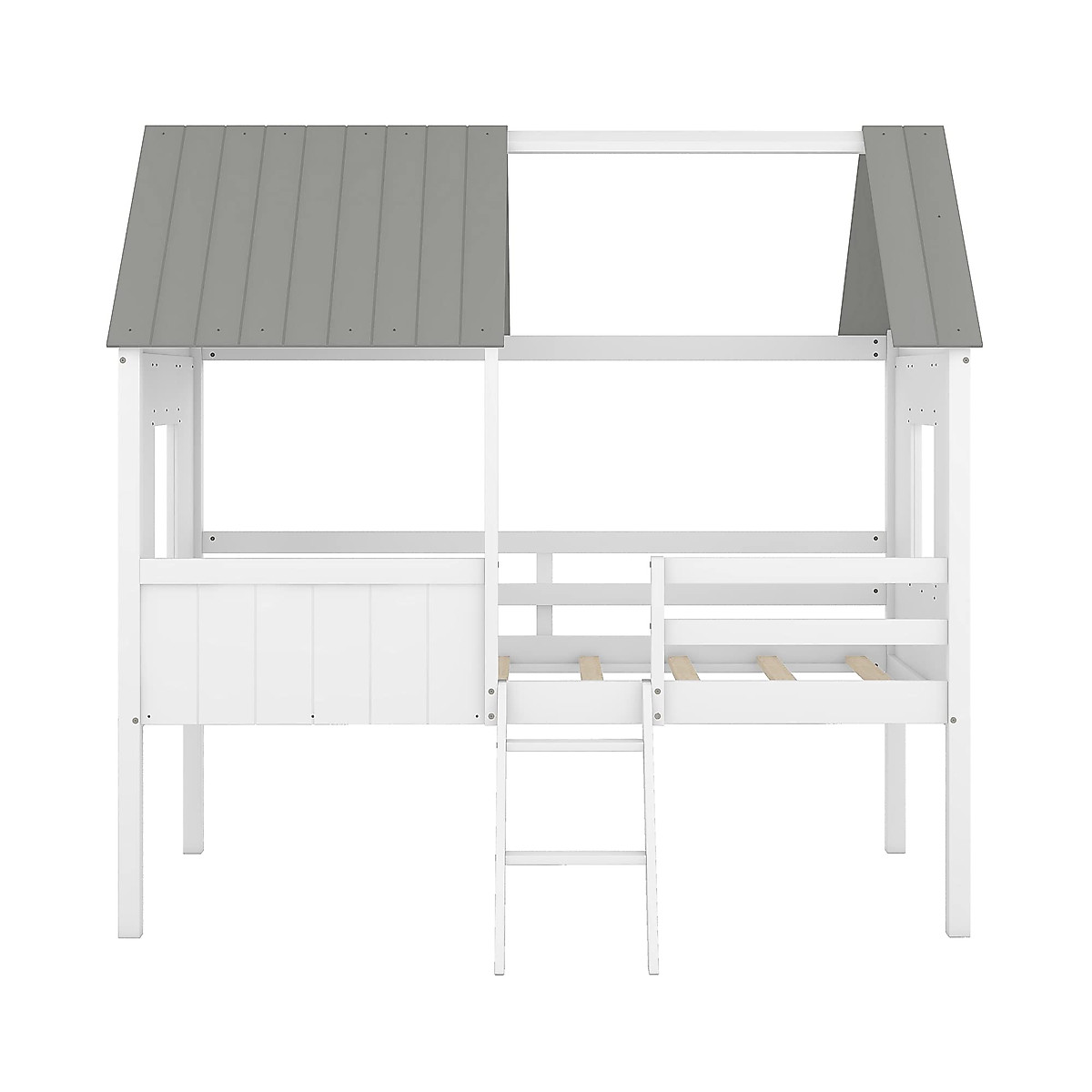 Harper & Bright Designs House Twin Bed for Kids, Low Loft Bed Frame Twin Size, Wood Kids Twin House Bed with Two Side Windows and Roof for Kids,Teens, Girls & Boys, No Box Spring Needed (White+Gray)