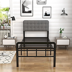 EMODA 16 Inch Twin Size Bed Frames with Upholstered Headboard and Metal Footboard, Heavy Duty Metal Slats Support Mattress Foundation, No Box Spring Needed, Easy Assembly