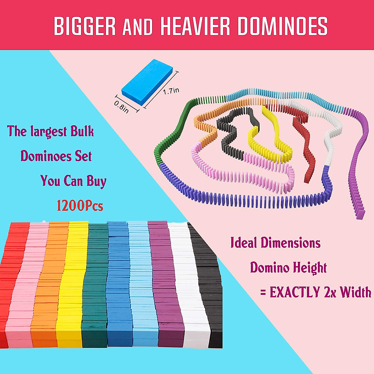 1200 Piece Dominoes Set for Kids, Colorful Dominos Tiles for Building, Stacking, Racing, Tumbling, Wood Domino with Box, Educational Toy