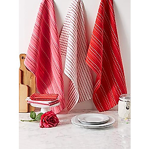 DII Valentine's Day Collection Kitchen, Dishtowel/Dishcloth Set, Hearts Dobby Stripe, 6 Piece