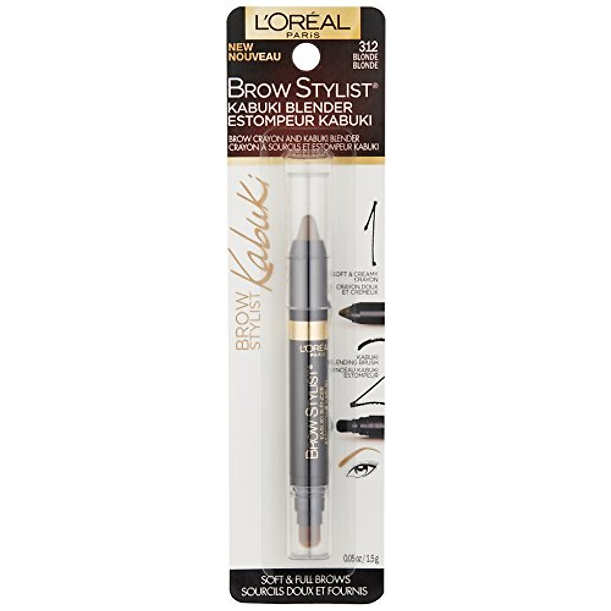 L'Oreal Paris Brow Stylist Kabuki Blender Brow Crayon, Blonde, 0.05 oz.