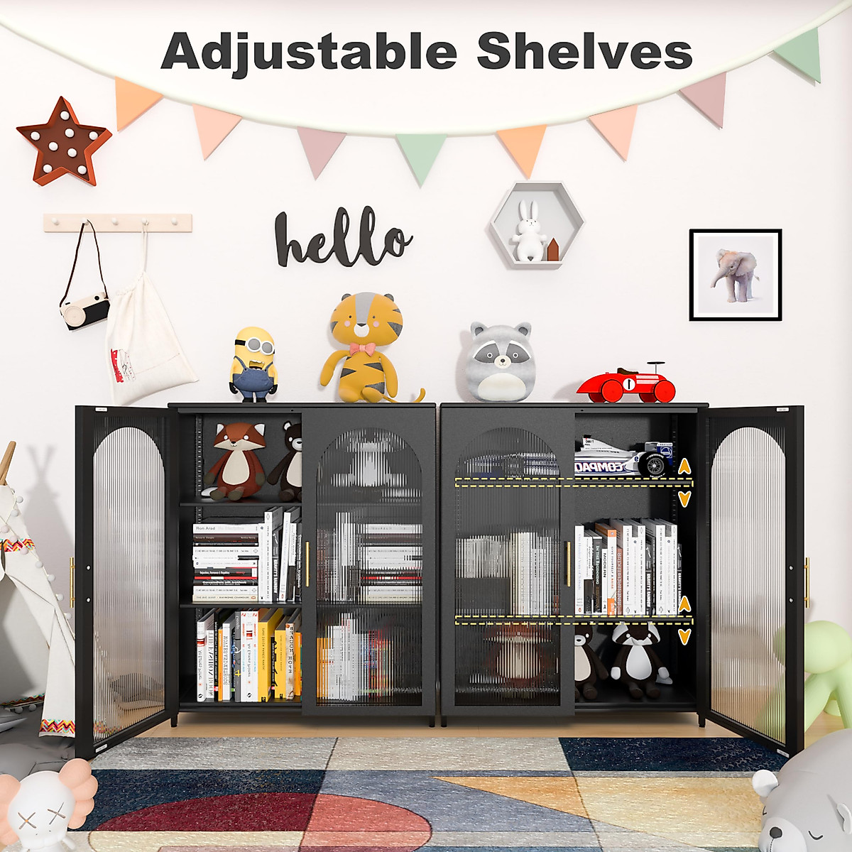 OSEILLC Metal Sideboard Buffet Cabinet with Tempered Glass Doors, Accent Cabinet with Adjustable Shelves, Credenza Cupboard Console Table for Kitchen, Living Room, Dining Room, Bedroom, Hallway