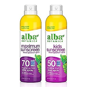 Fragrance Free 70 SPF Maximum & Tropical Fruit Kids 50 SPF Sunscreen Aerosol Clear Spray Can (Pack of 2)