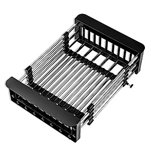 Over The Sink Dish Drying Rack, Retractable Stainless Steel Sink Strainer Telescopic Drain Basket Kitchen Rack Drain Basket Sink Organizer for Vegetable and Fruit(L-Black)