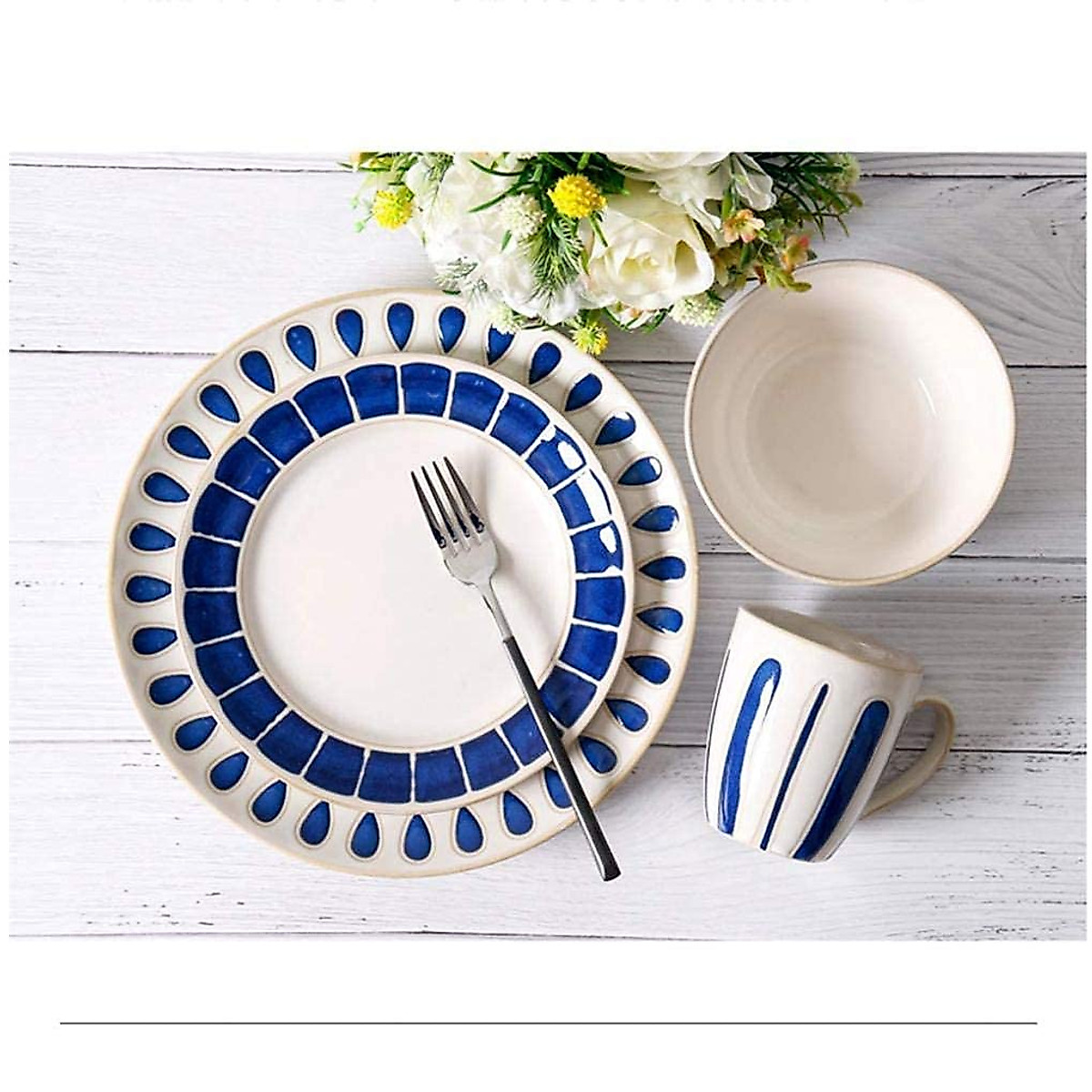 GagalU Fine Dinnerware Set,4 Pieces Blue White Ceramic Dinner Set Porcelain Mug Plate Bowl Lead-Free Tableware