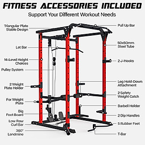 Mappding 1500 LBS Power Cage, Squat Rack for Home Gym with LAT Pullup System with 3 Grip Variations, Leg Hold-Down Attachment, Weight Cage with More Training Attachment for Garage Workout, Q2 Red