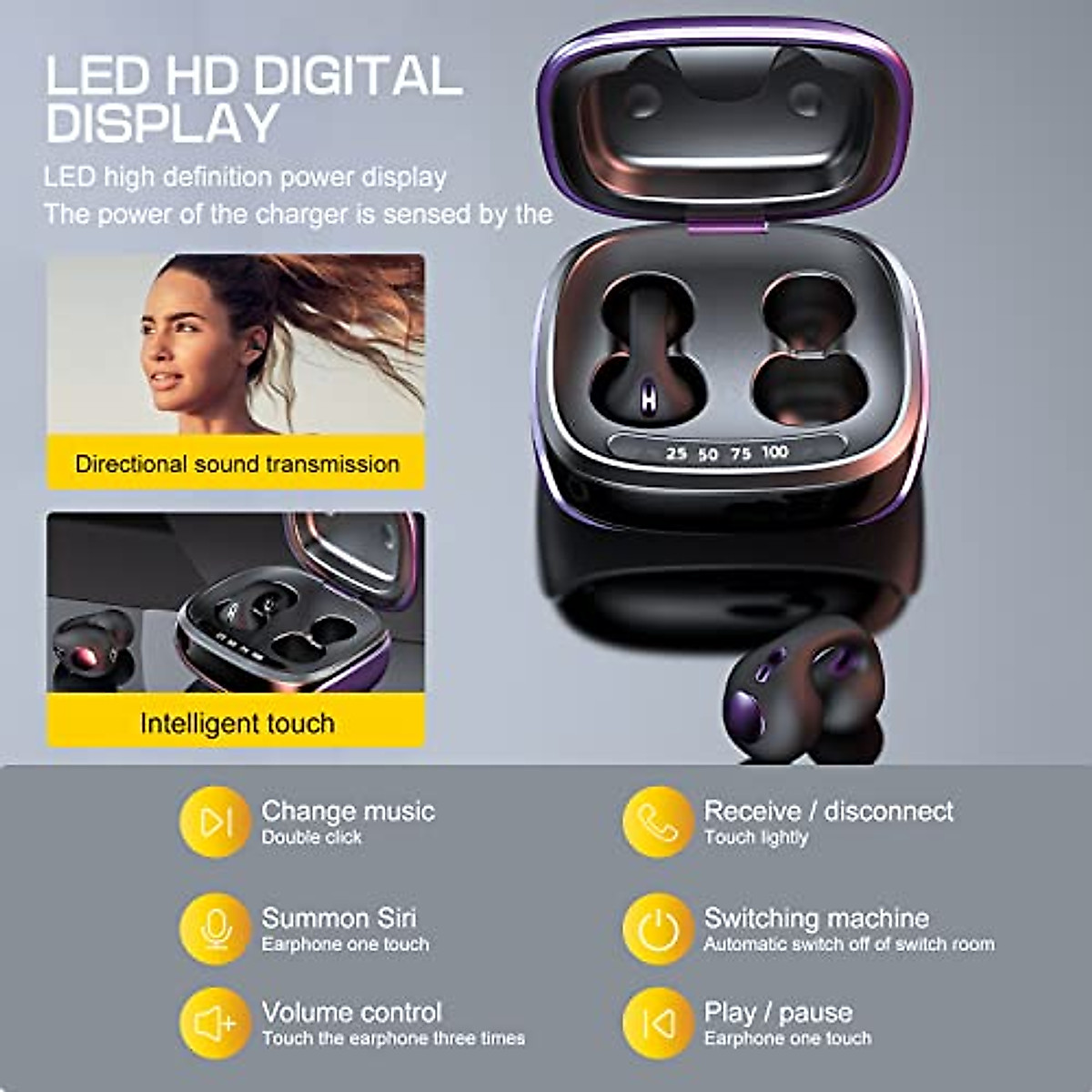 E-Greetshopping Wireless Ear Clip Bone Conduction Headphones,Open Ear Clip on Earbuds,Sport Wireless Earbuds,Hi-Fi Stereo Wireless Bluetooth Headphones, for Jogging Cycling Driving(Purple)