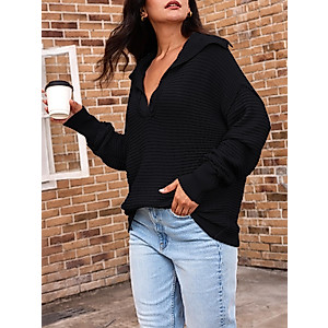 LILLUSORY Womens V Neck Oversized Sweaters Long Batwing Sleeve Asymmetrical Knit Pullover Fall Fashion 2025 Black M
