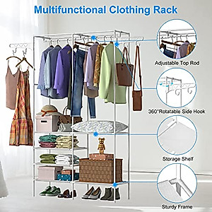 TeqHome Garment Rack, 42'' Freestanding Clothes Rack Shoe Clothing Organizer Shelves, Multifunctional Clothes Wardrobe with 4 Hooks & 2 Hanging Rods, Coated Iron Frame, Easy Assembly, Max Load 350lbs