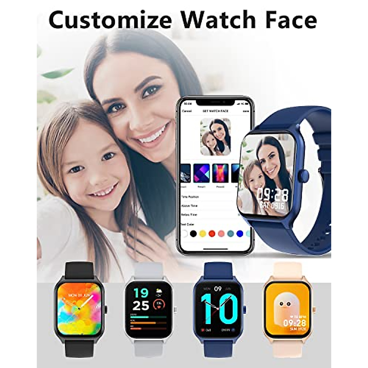 Smart Watch, 1.96-Inch HD Touch Screen Smartwatch with Text and Call, Heart Rate, Blood Oxygen, and Activity Trackers - Compatible with iPhone and Android, IP68 Waterproof, for Men and Women (Blue)