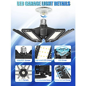 LED Garage Lights 1 Pack - 180W 18000LM Garage Lights Ceiling Led with 6 Adjustable Panels, 6500K Daylight Deformable Garage Lighting Bulb Fit E26/E27, LED Light for Garage Shop Barn Basement