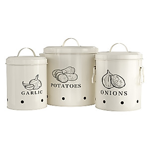 KooK Potato, Onion & Garlic Kitchen Storage Canisters, Rustic Farmhouse Containers with Aerating Holes, Vintage Vegetable Tins, Set of 3, 5 Liter, 2 Liter & 1 Liter (Coconut Cream)