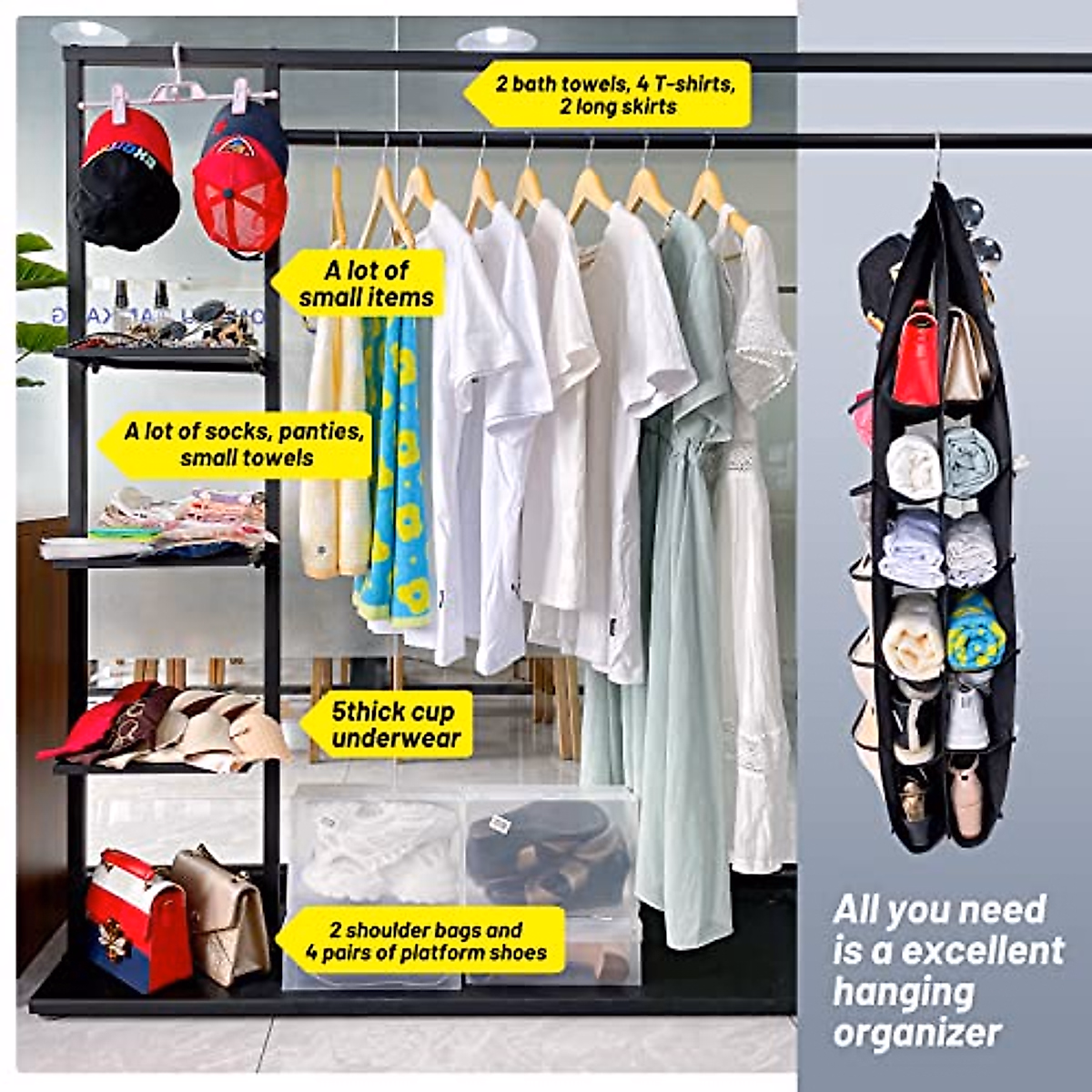 PENGFULL Hanging Shoe Organizer Rack,Closet Hanging Organizer,Side Pockets Have 27 Pockets,4 Self-Adhesive Straps, Can Be Used for Several Things.Perfect for Closets, RVs, Campers, Student Dormitory