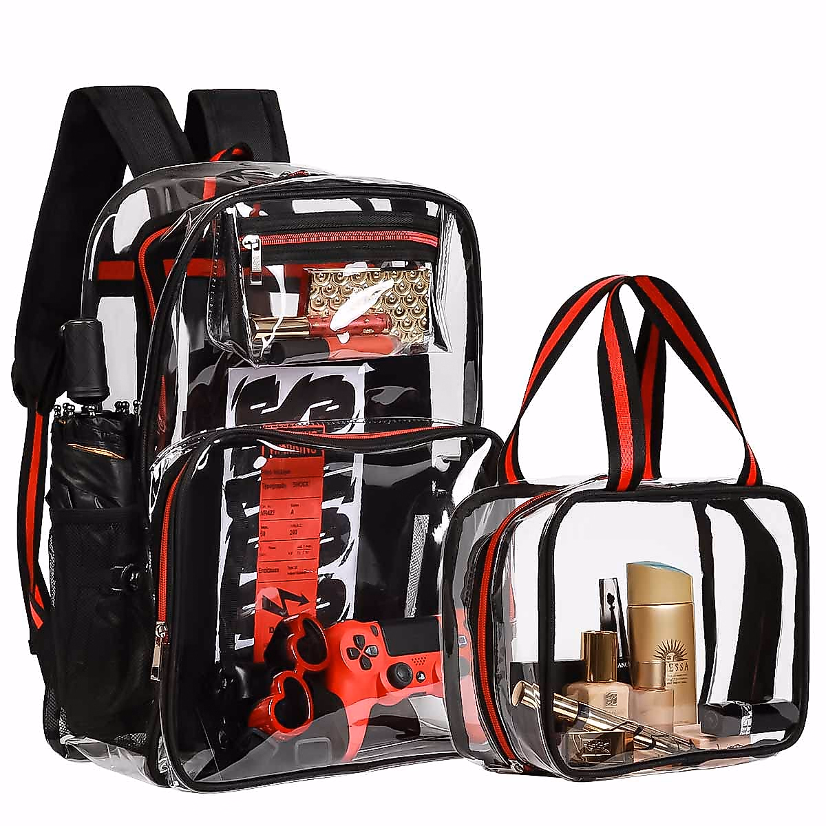 forstree 2 Pieces Heavy Duty Clear Backpack, Black PVC Waterproof Transparent Bag With Cosmetic Bag, See Through Book Bag With Lunch Bag, Stadium Approved