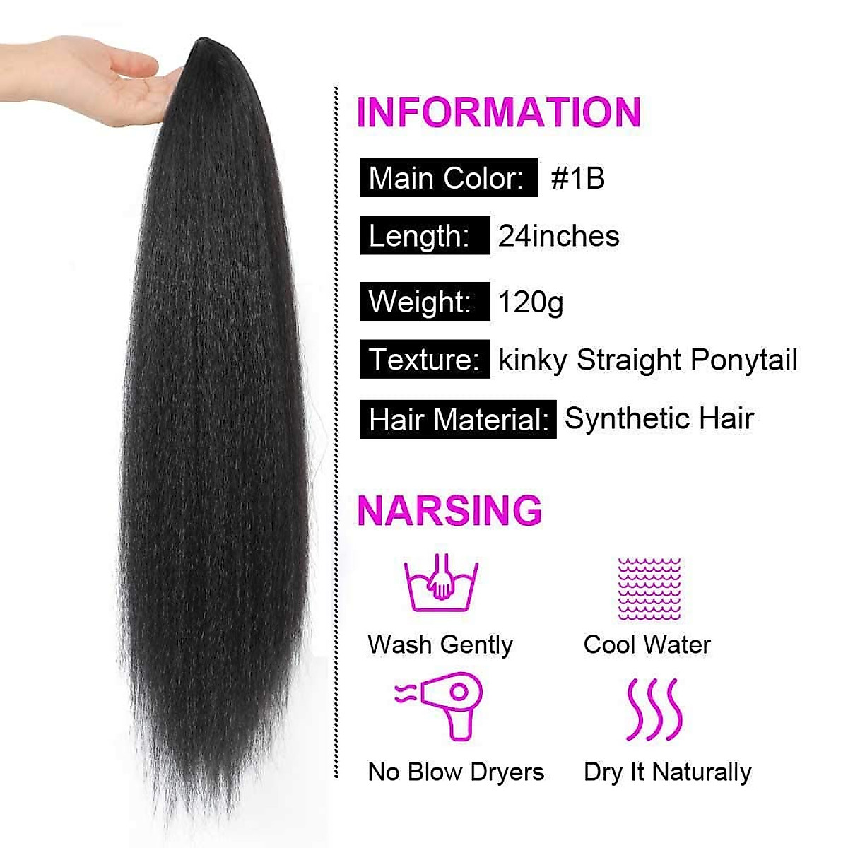 G&T Yaki Drawstring Ponytail Extension with Bangs - Long Yaki Straight Clip in Ponytails Extension for Black Women Synthetic Hairpiece for Daily Party Use (1B, 24 inch)
