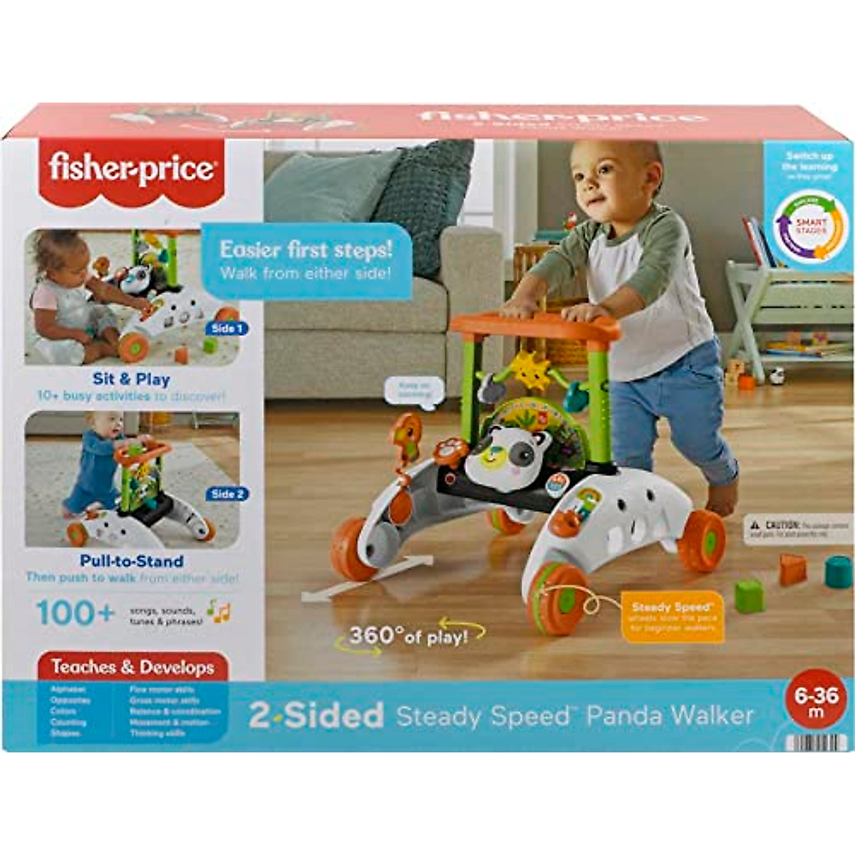 Fisher-Price Baby & Toddler Toy 2-Sided Steady Speed Panda Walker With Smart Stages Learning & Blocks For Ages 6+ Months