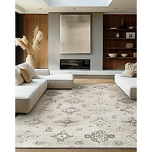 Disolla Washable Moroccan Area Rug 8x10ft for Living Room Bedroom Large Soft Indoor Decor Carpet Non Slip Distressed Neutral Low Pile Floor Rugs for Dining Room Office, Beige & Gray