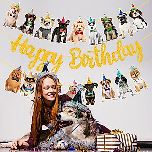 Dog Happy Birthday Banner Decorations Baby Dog Birthday Party Supplies Gold Glitter Puppy Birthday Banner Decorations for Pet Dog Theme Party Bunting Decoration Baby Shower Party Supplies
