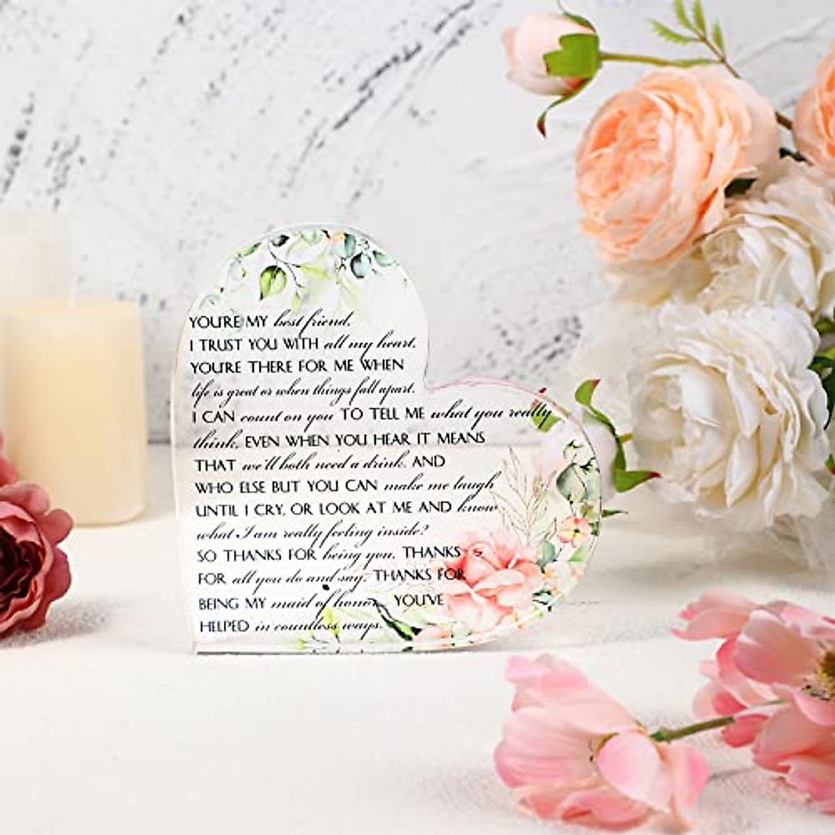 Bridesmaid Gifts Maid of Honor Gifts from the Bride Bridesmaid Proposal Gifts Acrylic Heart Sign with Flowers Eucalyptus Leaves Thank You Gift for Bridesmaids Wedding Party