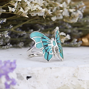 AeraVida Exotic Graceful Butterfly Simulated Green Turquoise Inlay .925 Sterling Silver Ring | Elegant Wedding Rings For Women | Casual Comfort Fit Silver Rings for Women | Gift for Women (8)